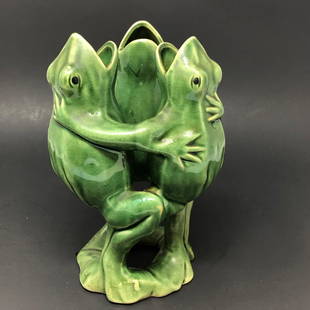 Vintage Green Ceramic Dancing Frogs Vase Planter Japan