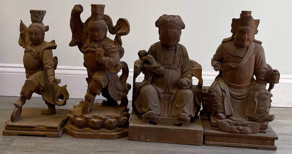 Four 20th Century Chinese Temple Hand Carved Wood Statues