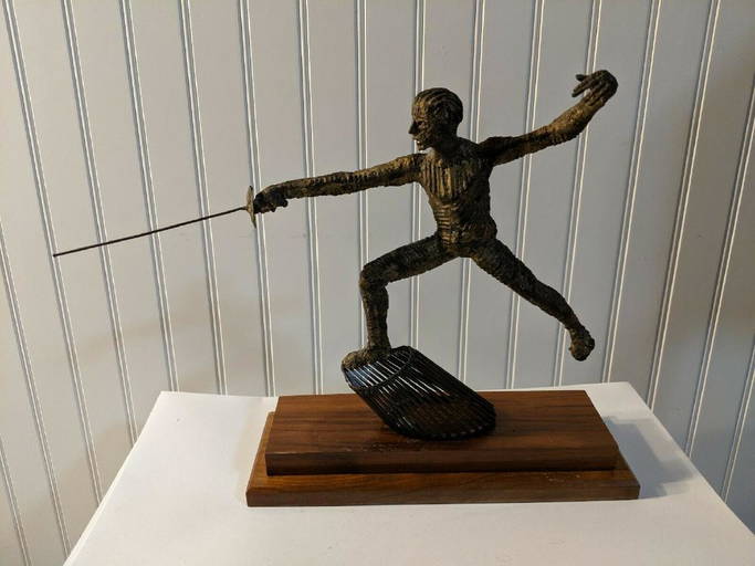Vintage Bronze Sculpture Of Fencer Sword Fencing,