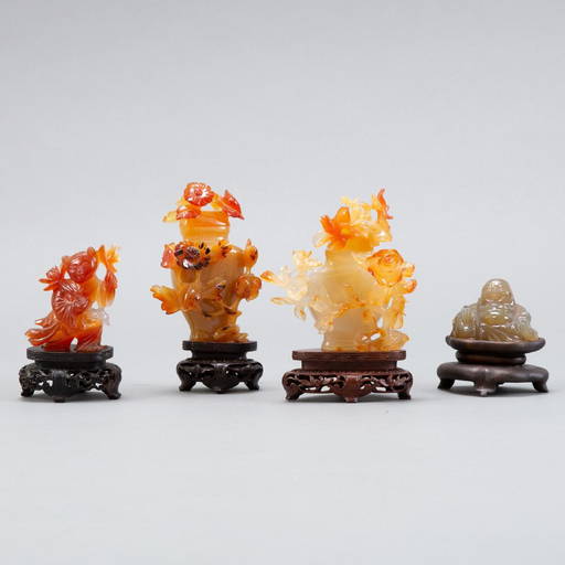 Group Of 4 Chinese Agate Carvings On Stands