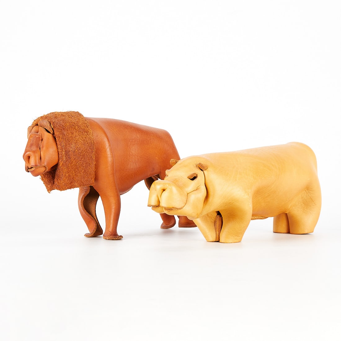 Folded Leather Lion & Hippo By Deru Germany Auction