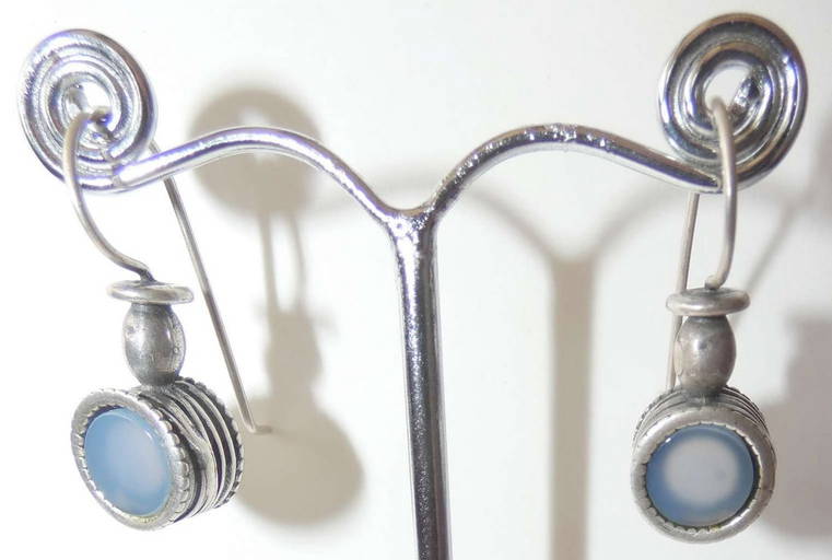 Vintage Modernist Silver Sterling Earrings Set With Jade, Israel, 1970’s