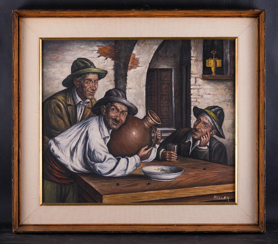 Listed Artist Beller Oil Painting "men With Jar Of