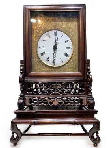 Qing Dyn. Carved Rosewood Gilt Mantle Clock