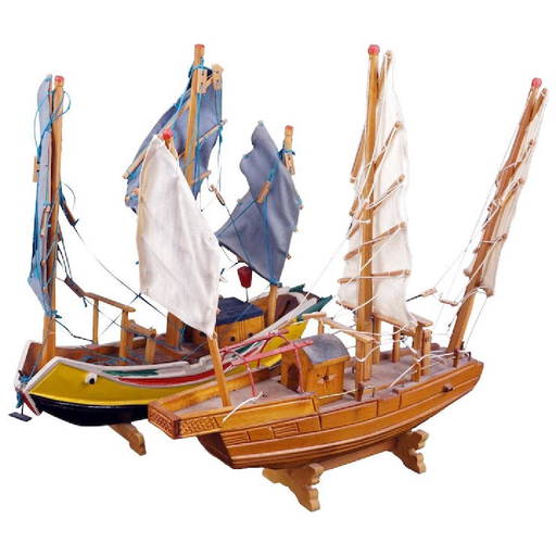 Pair Of Vintage Chinese Model Junks In Wood And Fabric