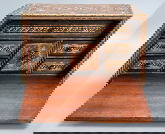 A Fine Damascene Style Exotic Wood And Mother Of Pearl Marquetry ...