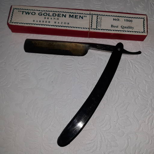 Antique Straight Razor W/box Two Golden Men