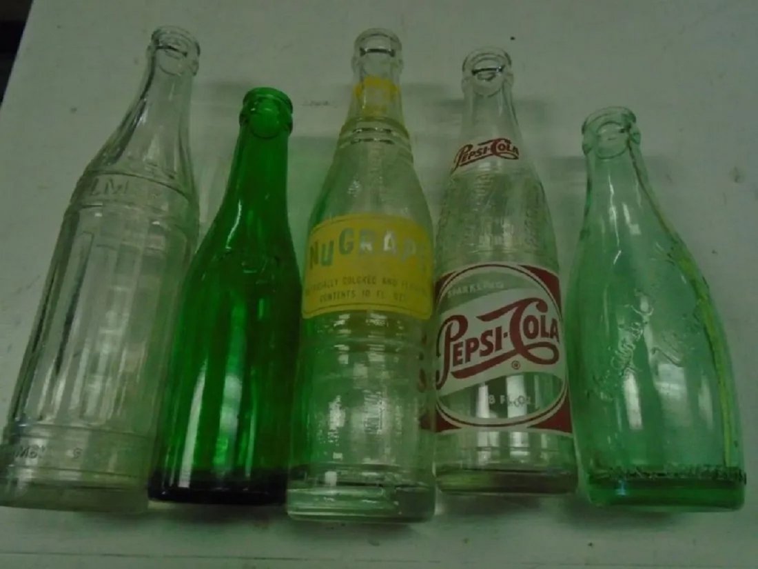Vintage Bottle Lot Of 5 Pepsi, 7up, Nu Grape