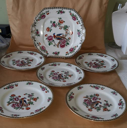 Antique Pheasant Patterned Whieldon Ware F. Winkle Platter & 5 Plates