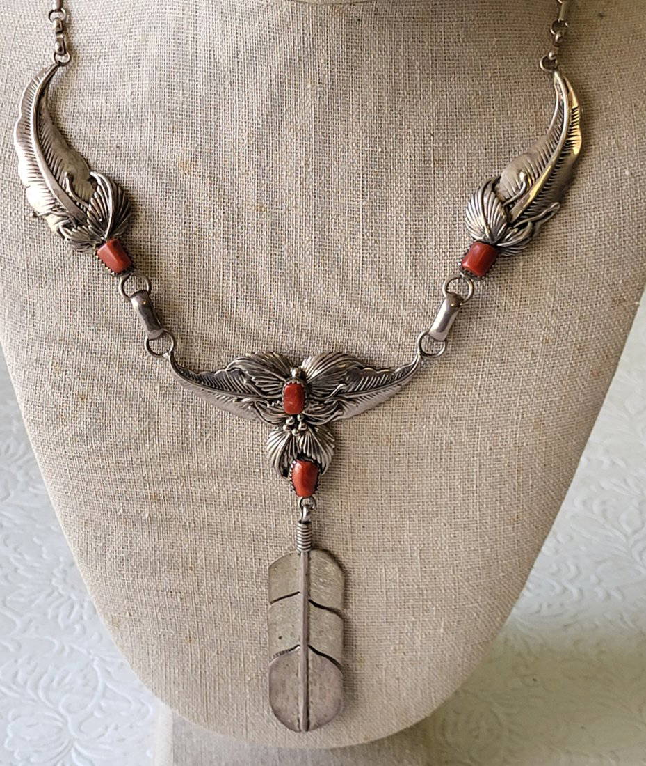Rare Native American Sterling & Coral Necklace Bennie Ration! Auction