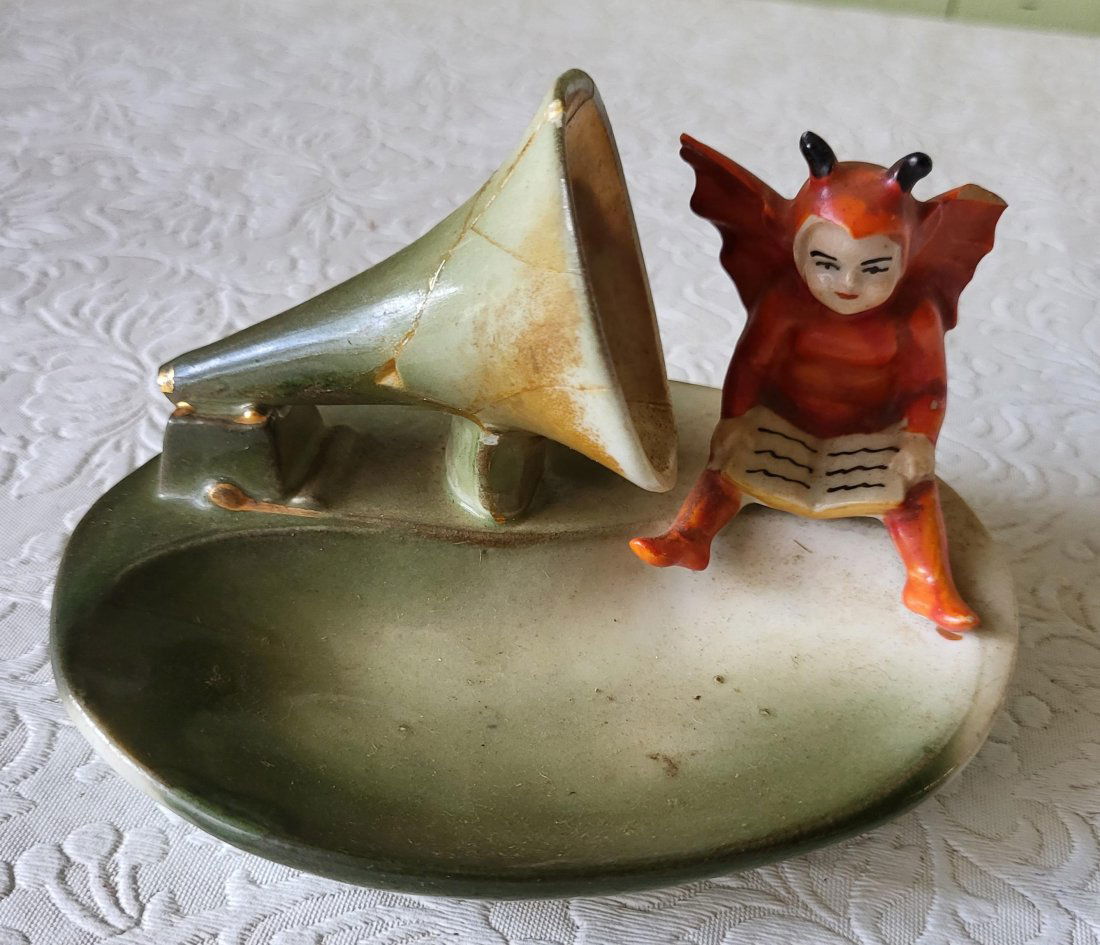 Vtg German Fairing Devil Listening To Gramophone Pin Dish Tray Auction