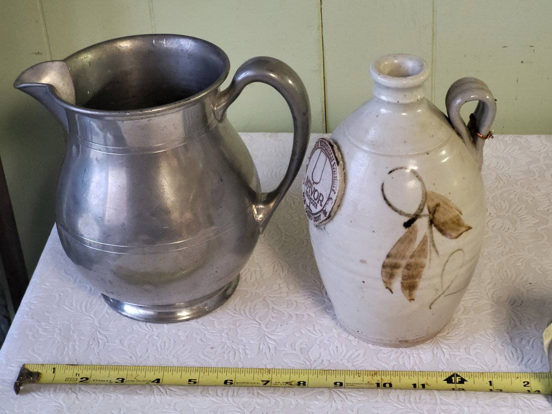 Antique Pilgrim Pewter Jug & Mcivor Pottery Jug Auction