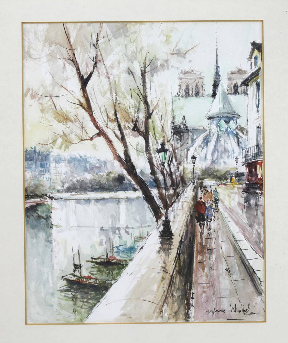 Stephane Wrobel, Street Scene By River, W/c Auction