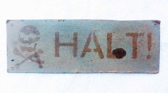 Original German Ww2 Sign Stop Halt W. Skull & Bones