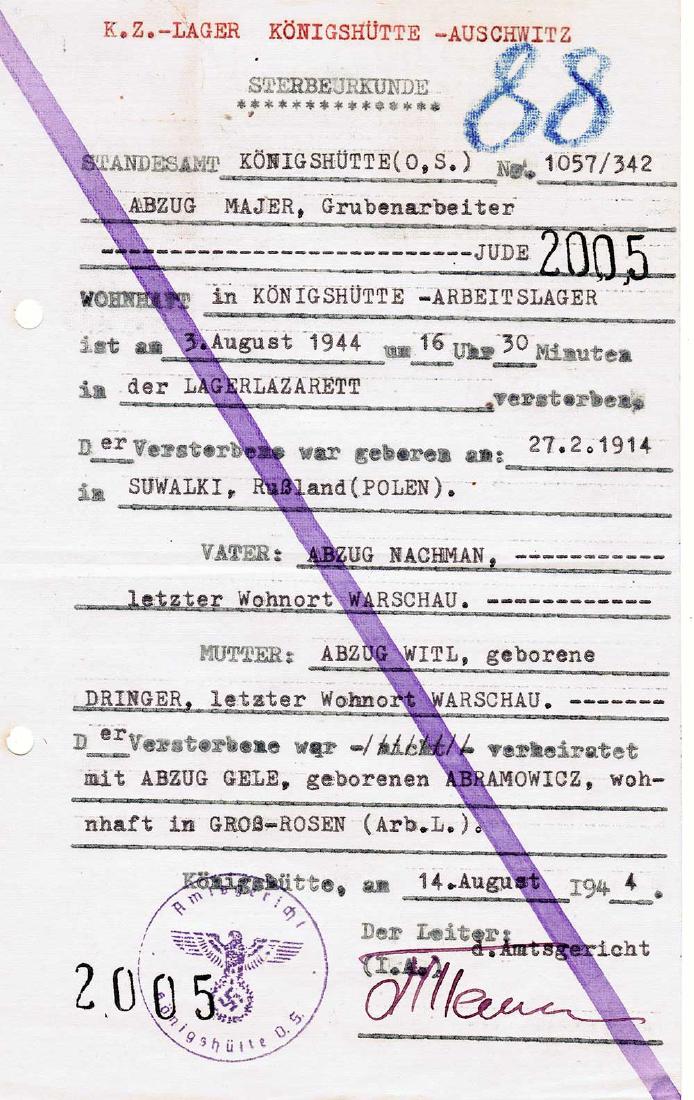 UNIQUE German WW2 Death Certificate for Jew, Auschwitz