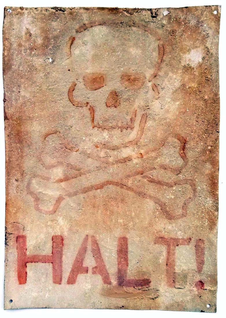 Original German Ww2 Sign Stop Halt W. Skull & Bones