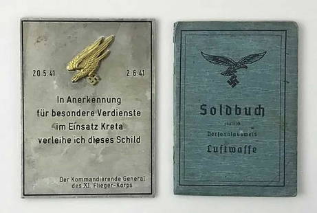 Rare German Ww2 Fallschirmjager Soldbuch & Award
