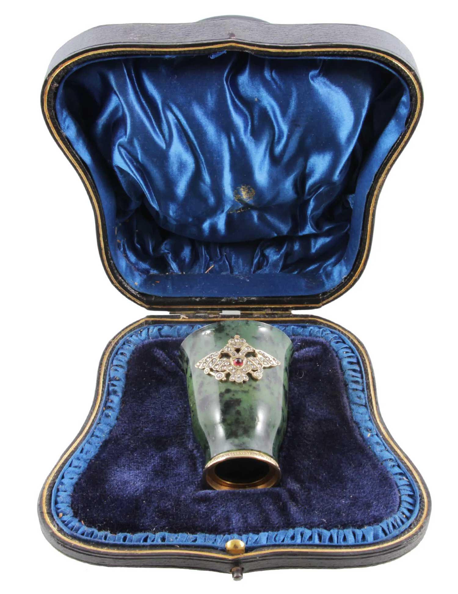 Faberge Russian Imperial Gold Jade Cup, Boxed