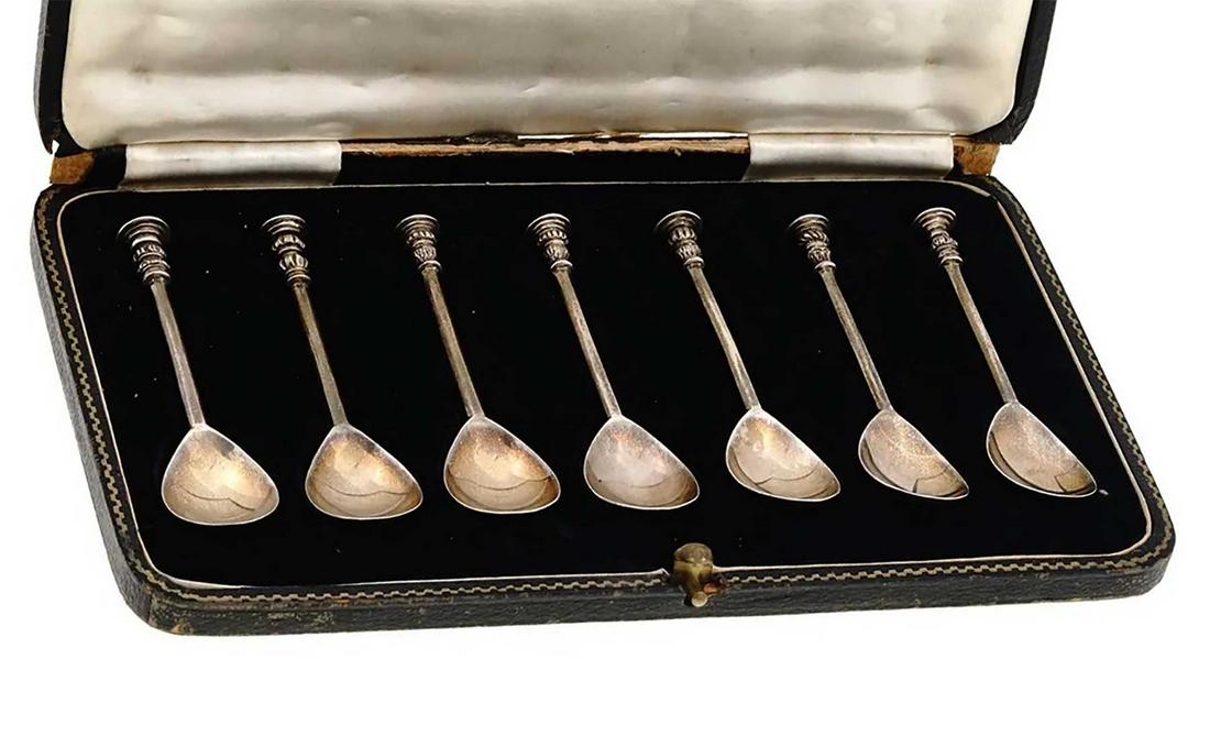 Antique English Silver Spoons Set, Boxed