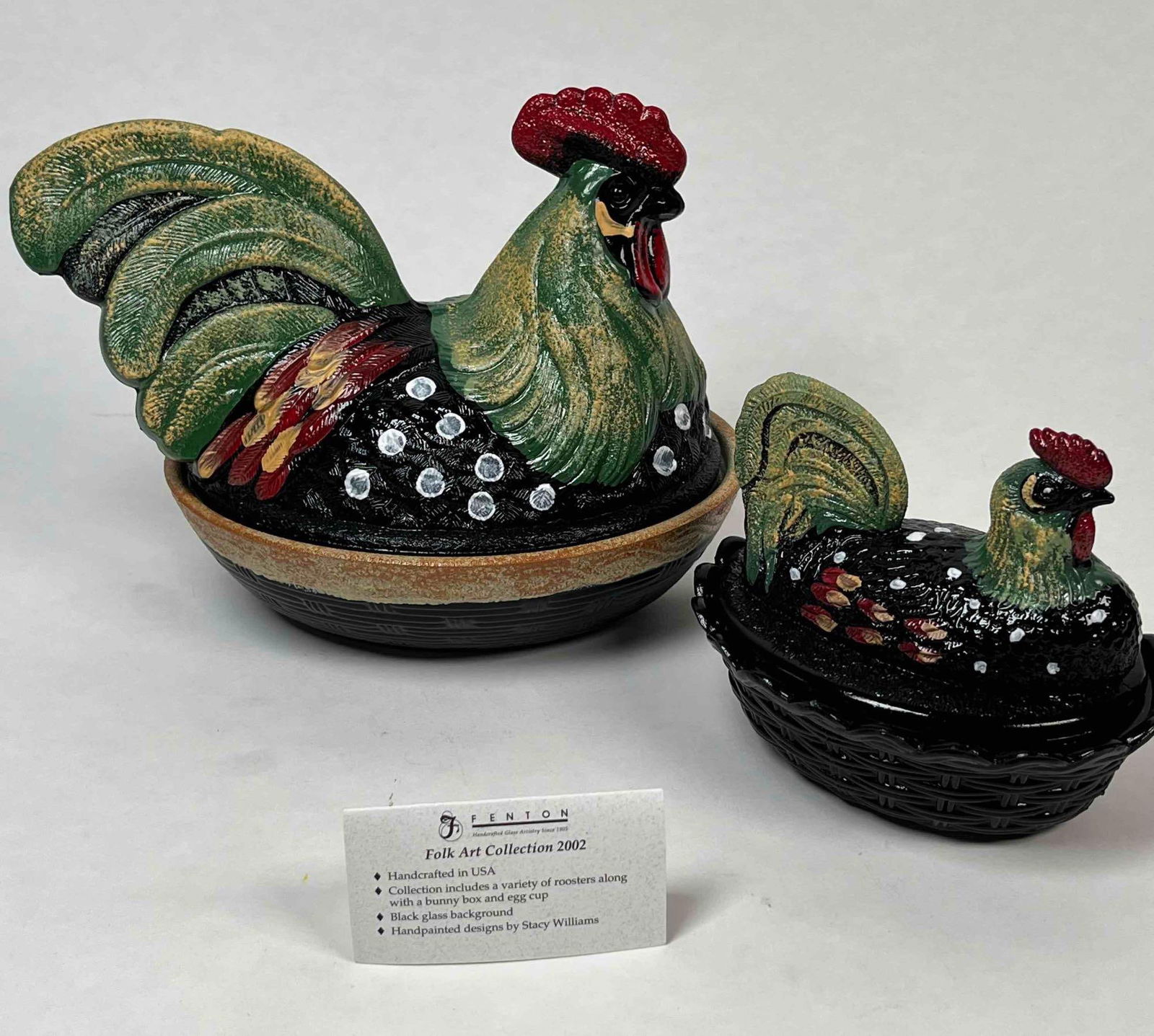 Fenton 2002 Folk Art Rooster Boxes