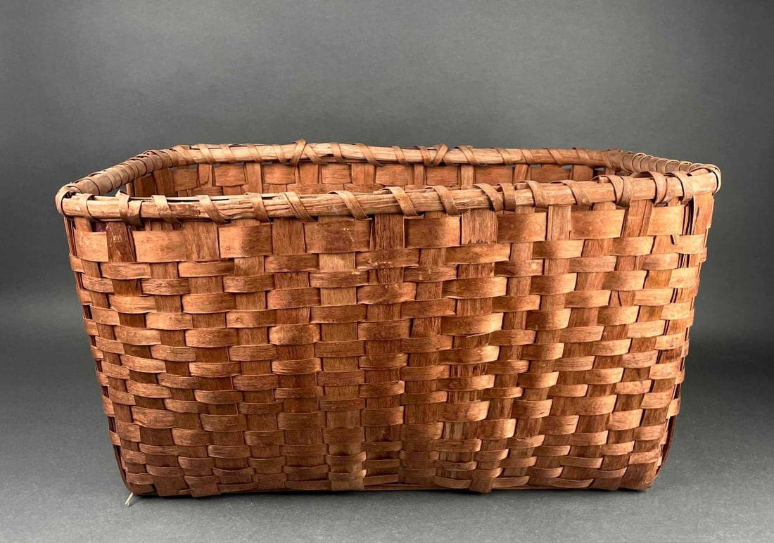 Signed Native American Handwoven Black Ash Splint Basket Auction