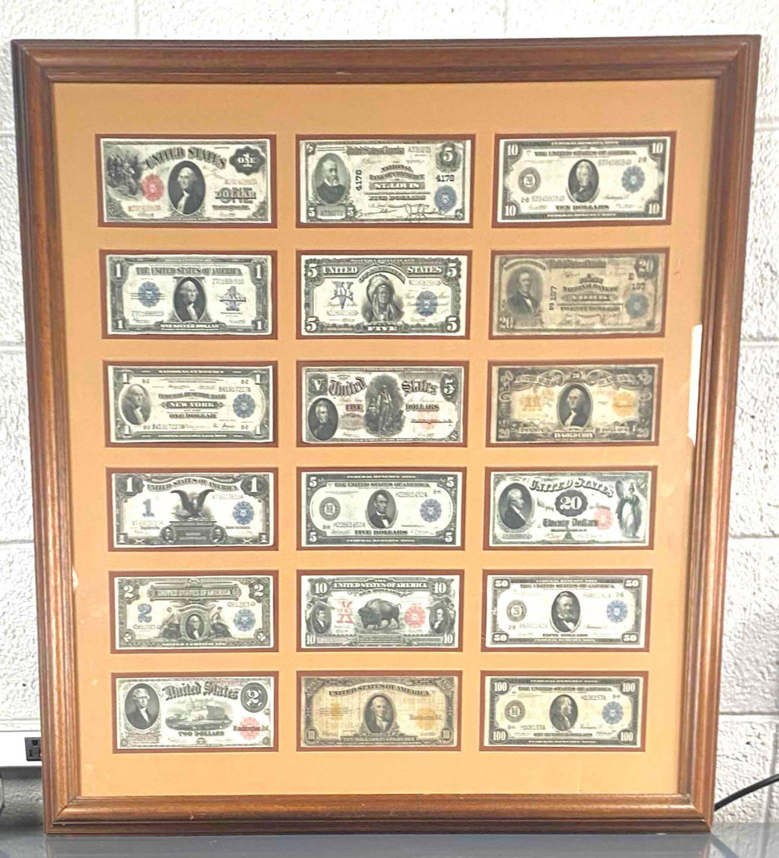 Framed U.s. Currency Display Featuring State Notes Auction