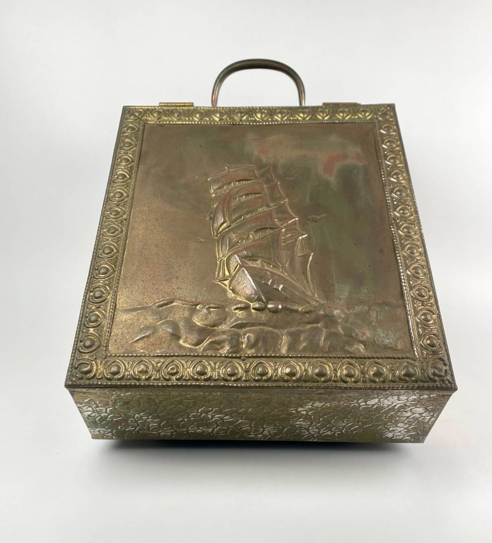 Brass And Wood Coal Scuttle With Embossed Ship Design Auction