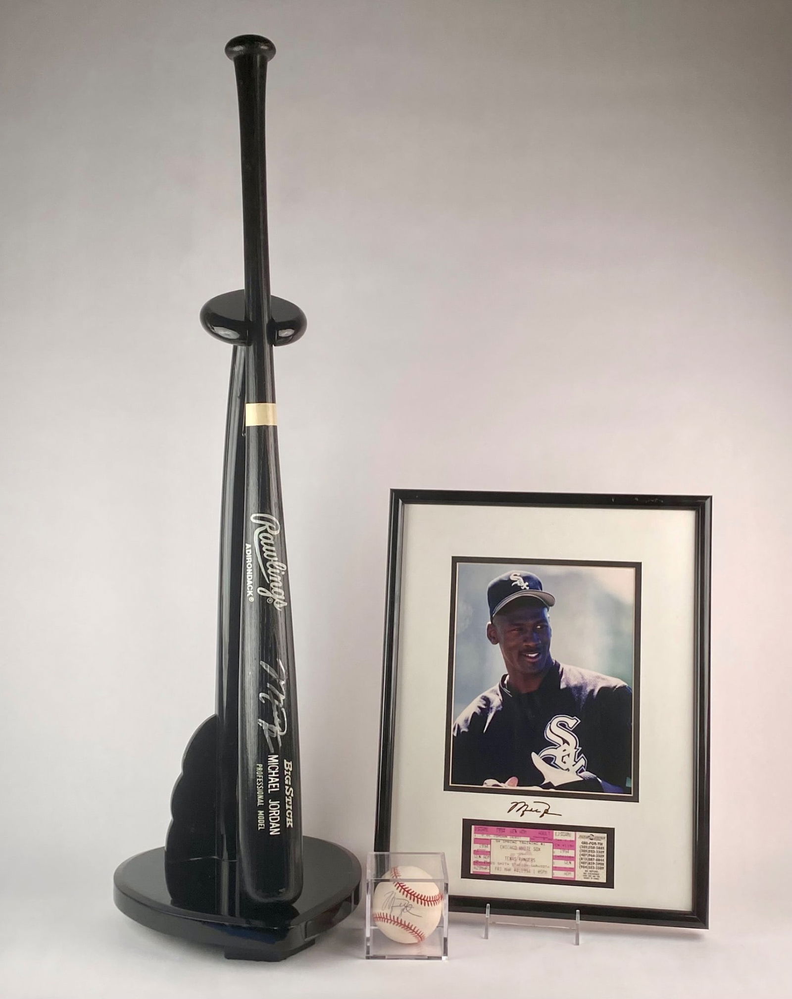 Michael Jordan Signed Baseball, Signed Bat And Framed Photo Display Set ...