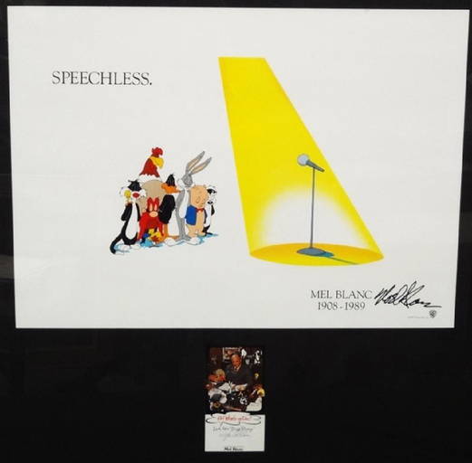 Mel Blanc Signed Card, "speechless" Lithograph Tribute