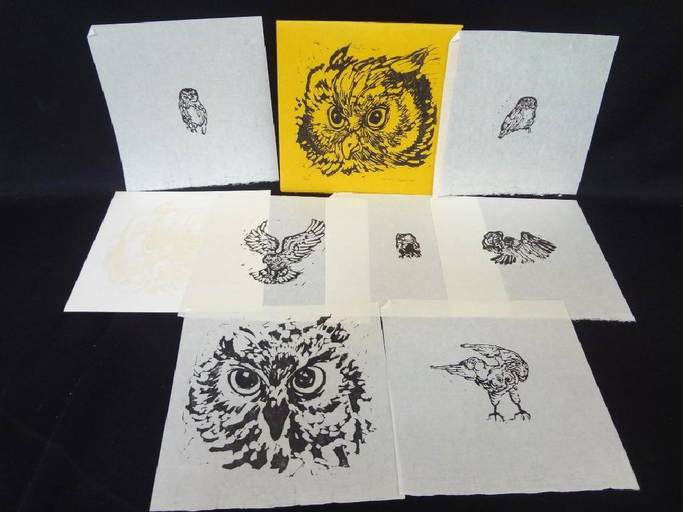Janet Mack (7) Woodblocks "owls" Signed