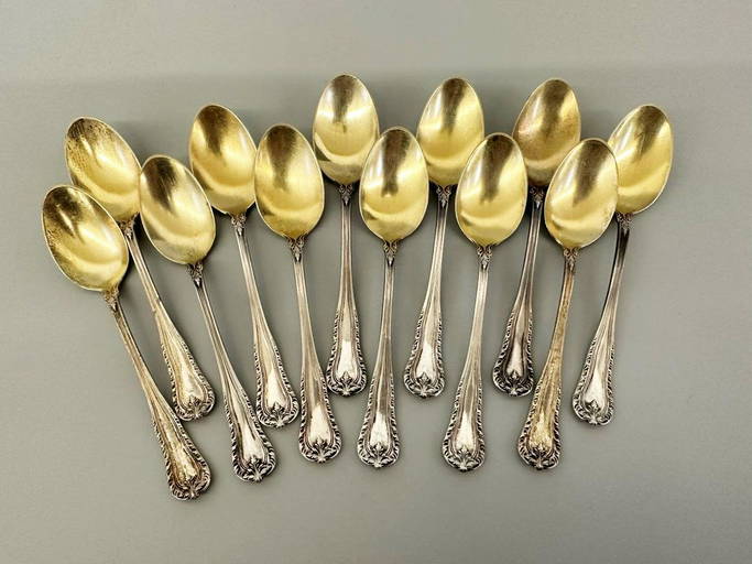 (12) Dominick And Haff Acanthus Sterling Silver Demitasse Gold Wash Spoons