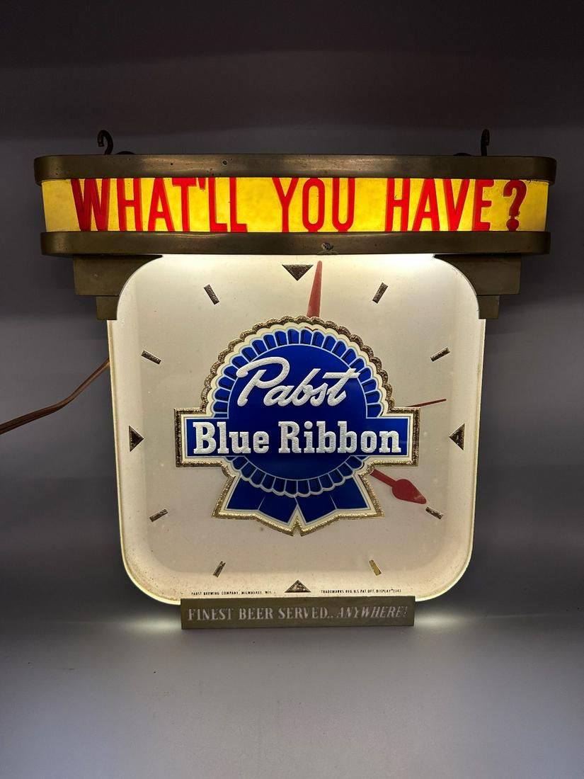 Pabst Blue Ribbon Advertising Light Up Display Sign And Clock Auction