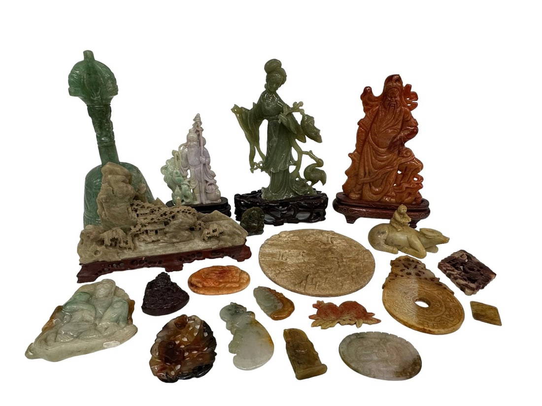 Group Of Carved Japanese Soapstone, Glass Medallions, Aztec Bell Auction