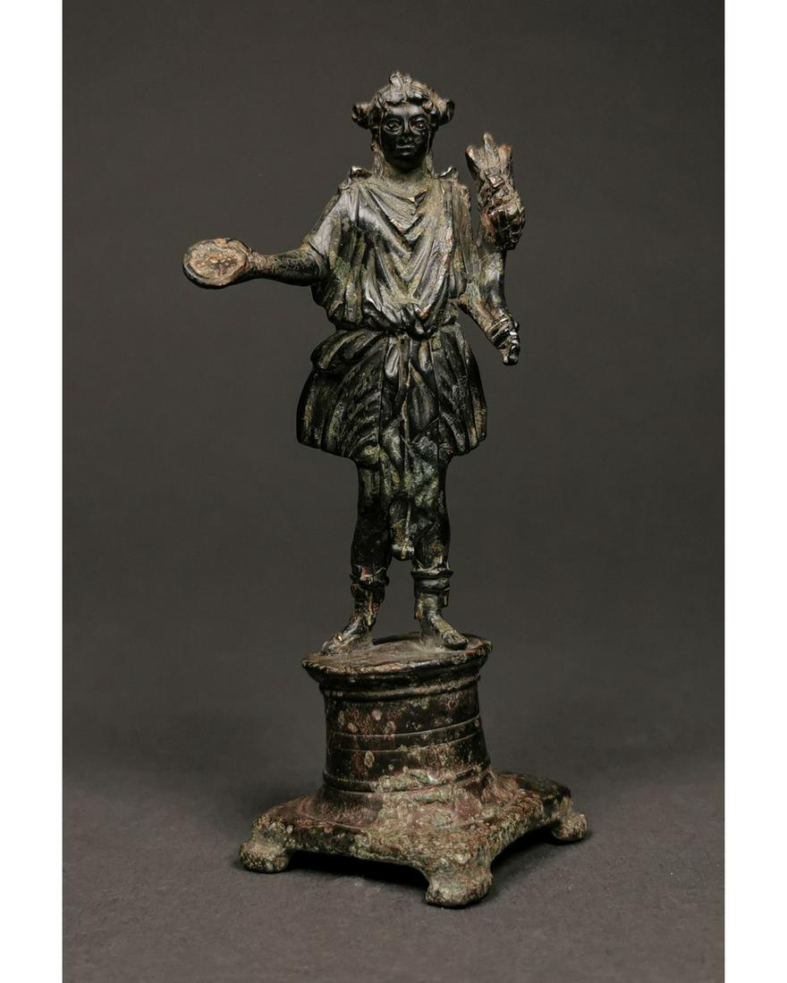 Roman Bronze Lar Figurine On Original Stand