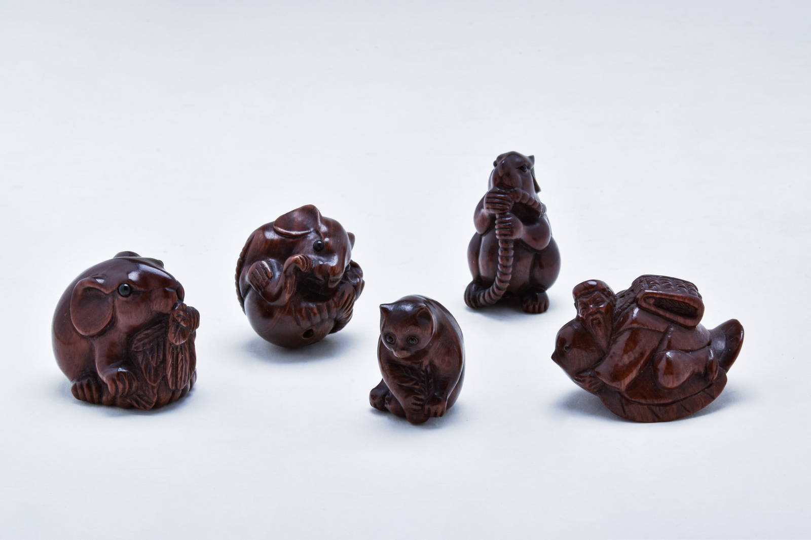 Group Of Japanese Wood Carved Netsuke Animals And Figure Auction