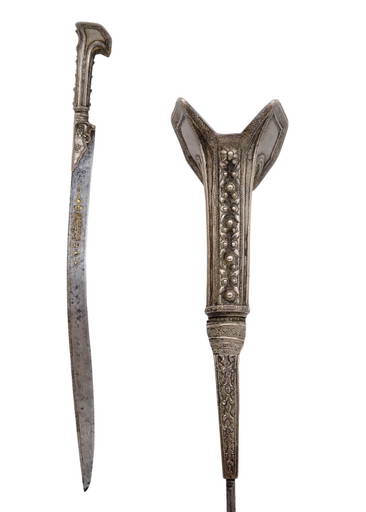 Turkish Islamic Silver Mounted Yatagan Sword With Gold Inlay