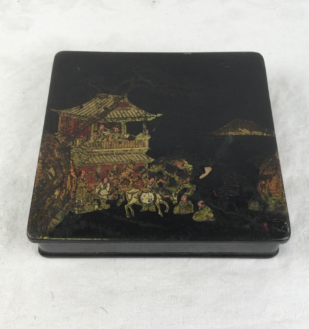 Antique Hand Painted Japanese Black Lacquer Box