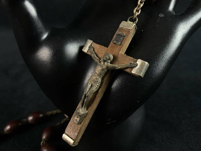 Antique Pewter Red Wood Beaded Prayer Crucifix