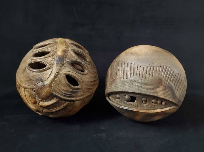 2 Clay Sphere Shape Sculptures By Kimsey