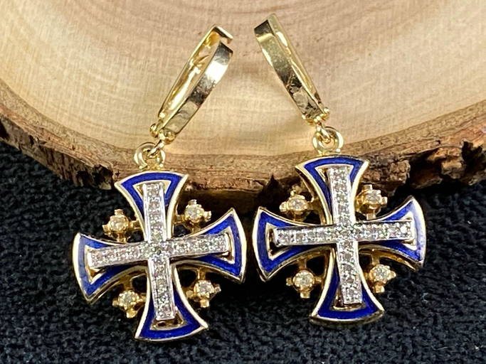 Vintage 14k Gold Diamond & Enamel Jerusalem Cross