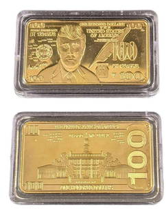 Two Donald J. Trump 24k Gold Plated Collectors $100