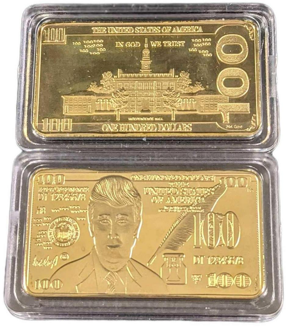 Two Donald J. Trump 24k Gold Plated Collectors $100