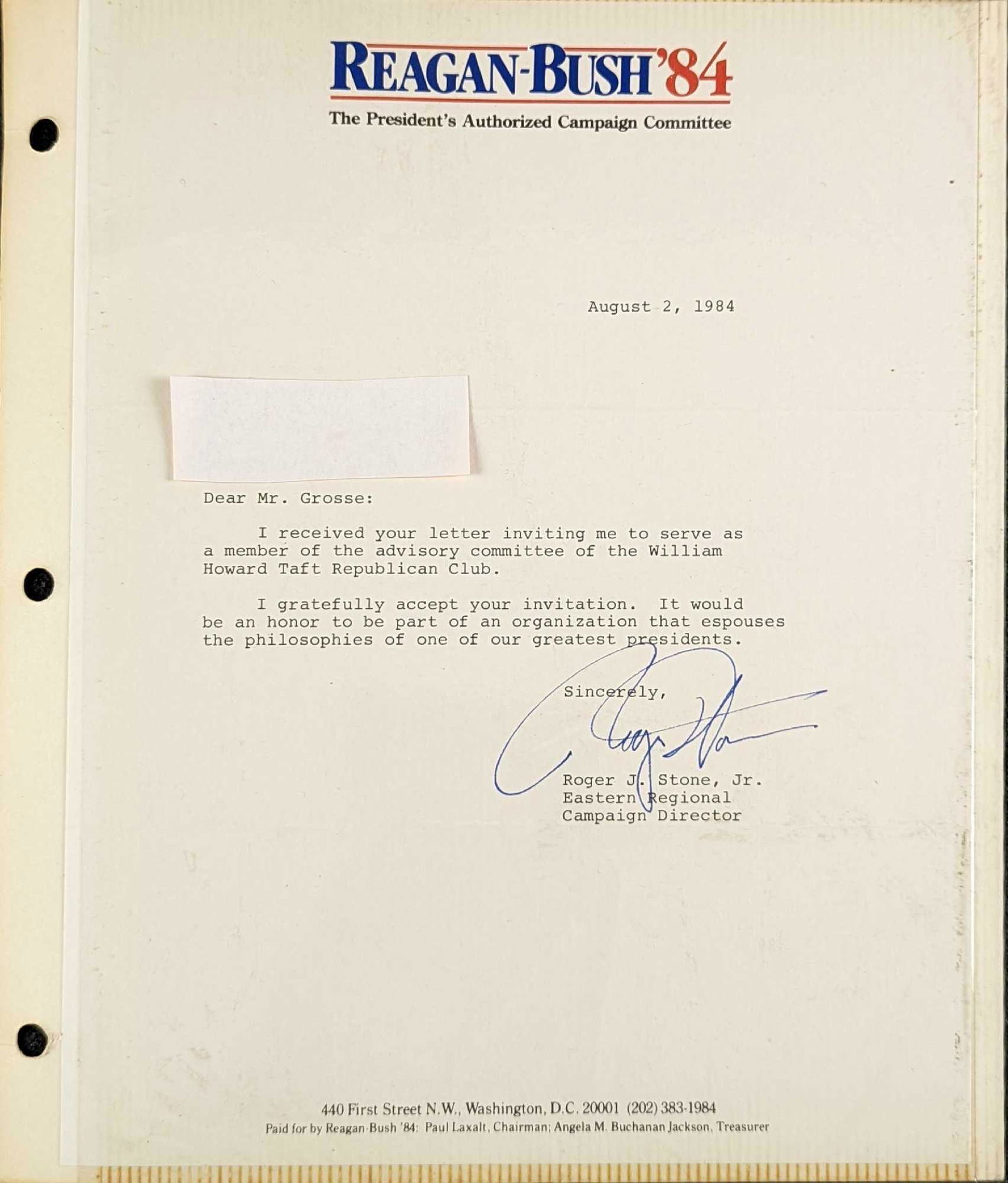 Signed Roger Stone Reagan Bush Campaign Letter (#0074) on Dec 29, 2022 ...