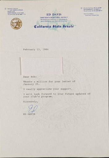 Signed California State Senate Ed Davis Letter