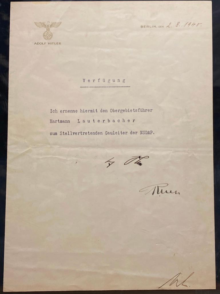 Signed Adolf Hitler Decree On Letterhead 1940 Auction