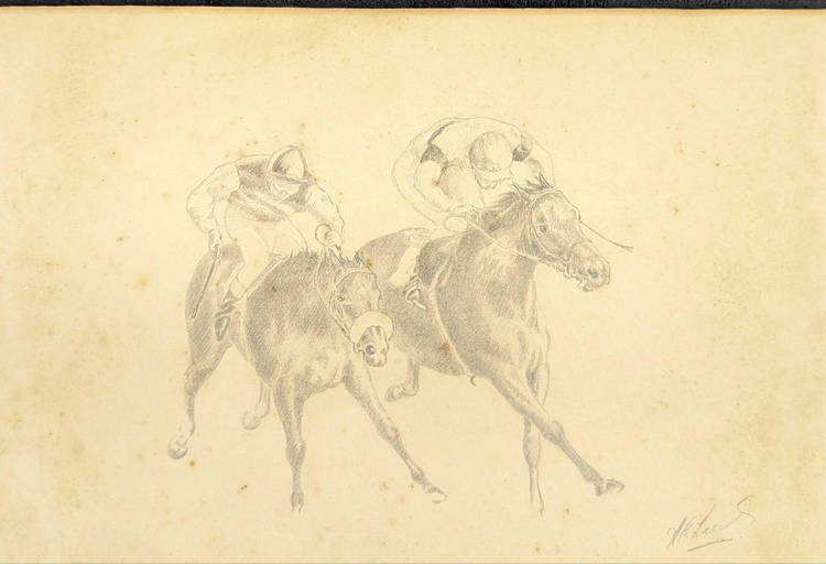 Vintage Pencil Sketch Horse & Jockeys On Paper
