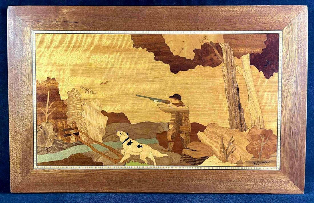 Hunter And Dog Marquetry Wood Inlay Art Auction