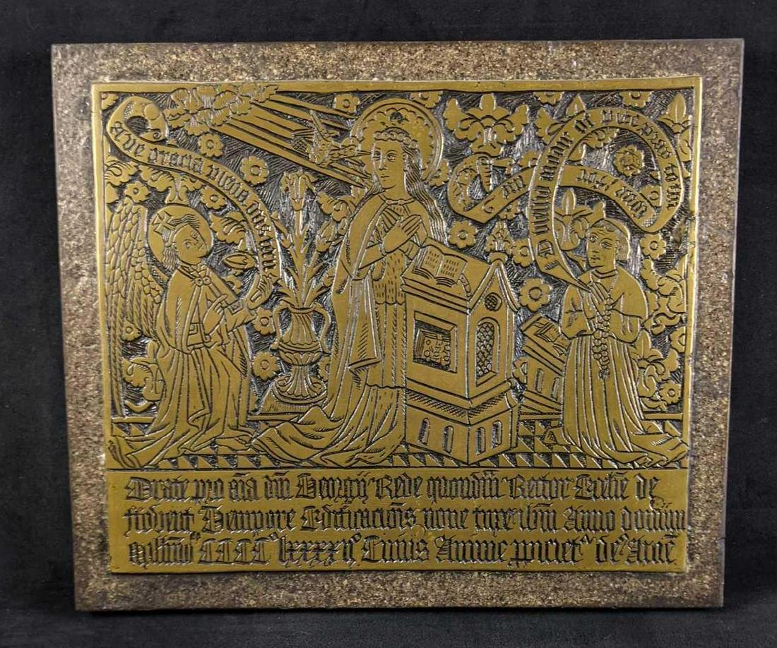 Brass Etching Plate Old English Latin Scripture Auction