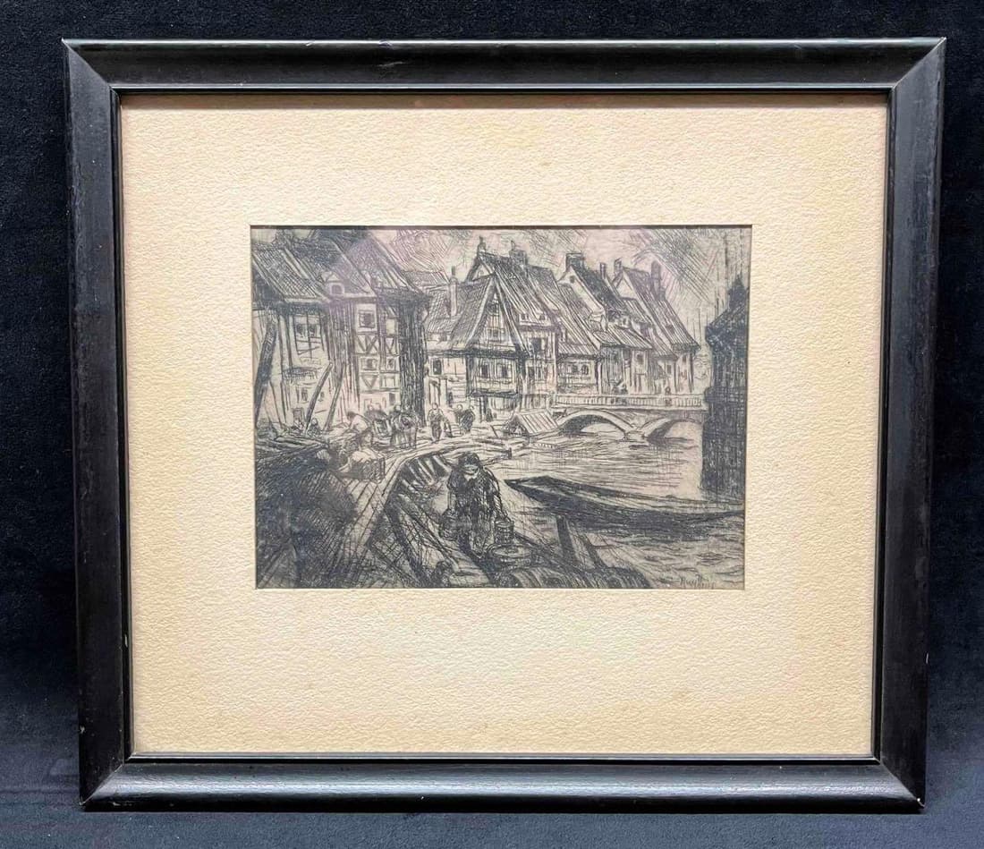 Framed Cross Hatch Etching Artist Unknown