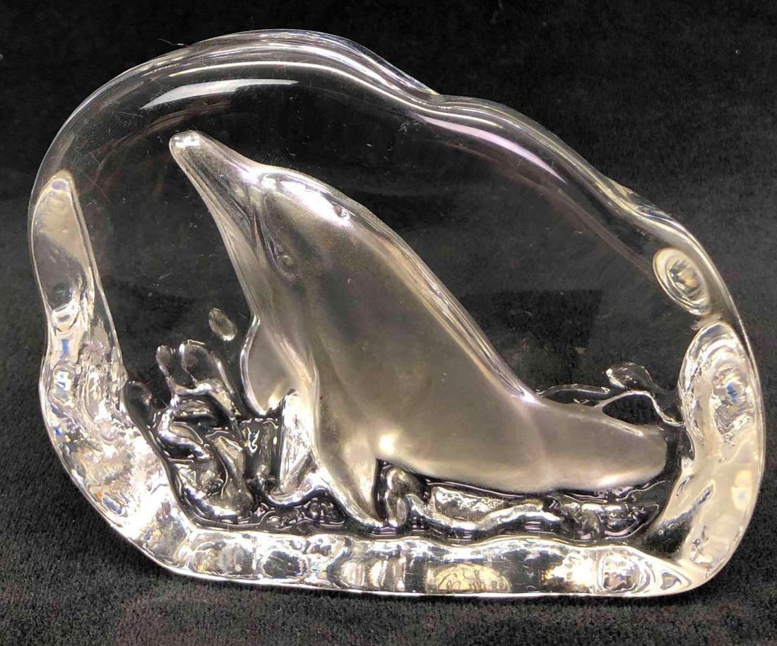Dolphin Paperweight Clear Etched Glass By Cristal D'arques Auction